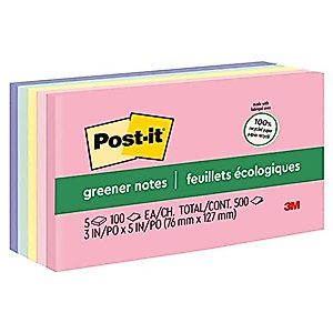 Post-it Greener Notes, 3x5 in, 5 Pads, America's #1 Favorite Sticky Notes, Helsinki Collection, Pastel Colors (Pink, Blue, Mint, Yellow), Clean Removal, 100% Recycled Material (655-RP-A)