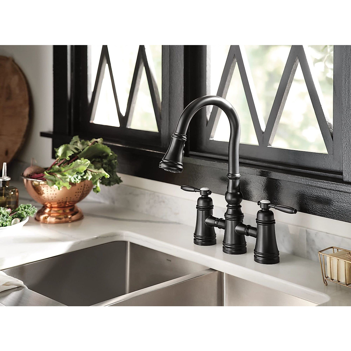 Moen S73204BL Weymouth Two Handle Pulldown Bridge Kitchen Faucet, No Size, Matte Black