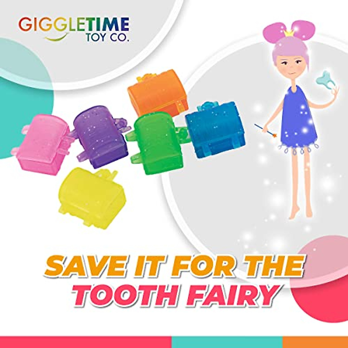Giggle Time Glitter Tooth Keeper Chest Assortment (144) Pieces - Baby Tooth Box - Tooth Holder for Tooth Fairy, Tooth Keepsake Box - .75 inch Box
