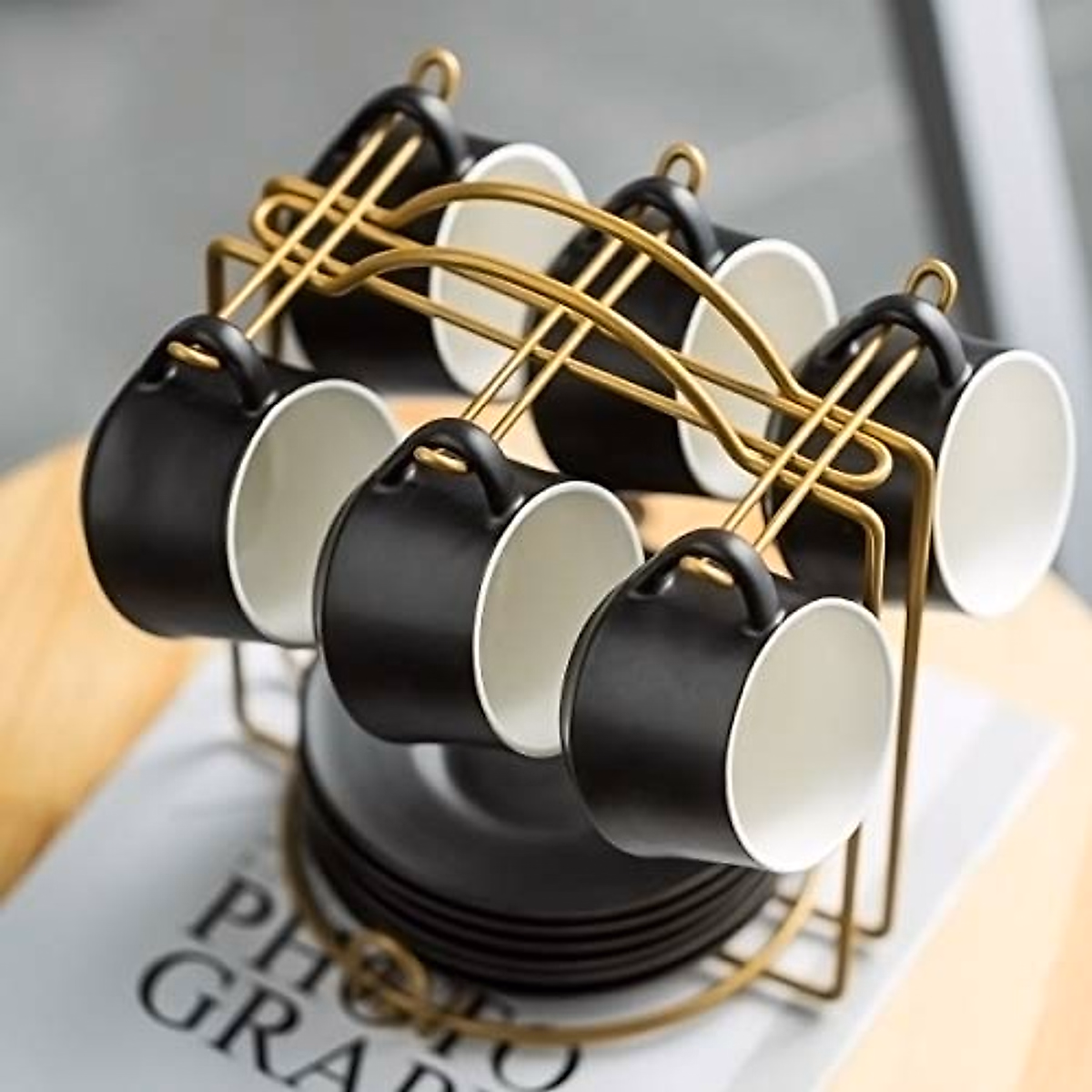 YHOSSEUN Coffee Cup Set Espresso Cups with Saucers Set with Cup Holder 4 oz Espresso Cup Set of 6 - Demitasse Cups Black