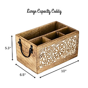 Mie Creations 4 Compartment Wooden Silverware Caddy Utensil Holder, Farmhouse Cutlery Flatware Organizer, Decorative Wood Caddy with Metal Handles for Kitchen Countertop, Picnic, Buffet Party- White
