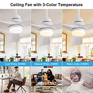 OMYU 42 Inch Ceiling Fans with Lights, ABS Blades, Noiseless Reversible DC Motor, 6 Speeds and 3 Color Temperatures, White Ceiling Fan with Remote Control for Bedroom Living Room Office