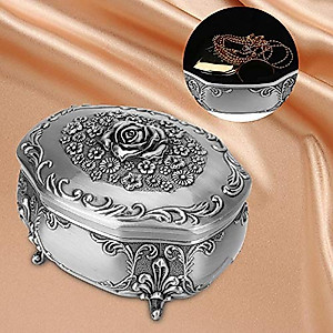 ZZYINH AN207 Vintage Jewelry Box Oval Shaped with Antique Carved Flower Necklace Earring Storage Organizer Jewelry Dispaly Holder Small Jewelry