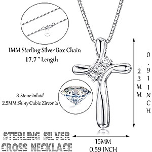 FUNRUN JEWELRY 925 Sterling Silver Cross Necklace for Women 3-Stone Cubic Zirconia Silver Cross Pendant Necklaces with 1MM Box Chain,18 Inches