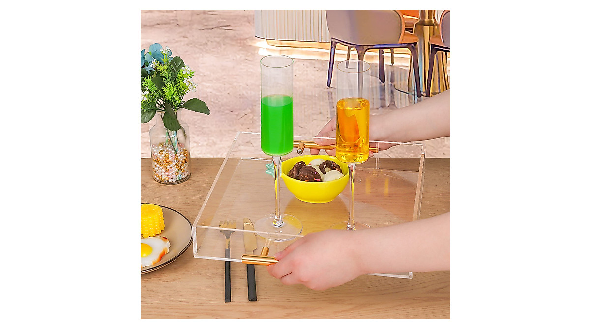 Serving Tray with Handles 12x12 Inches - Clear Acrylic Gold Tray