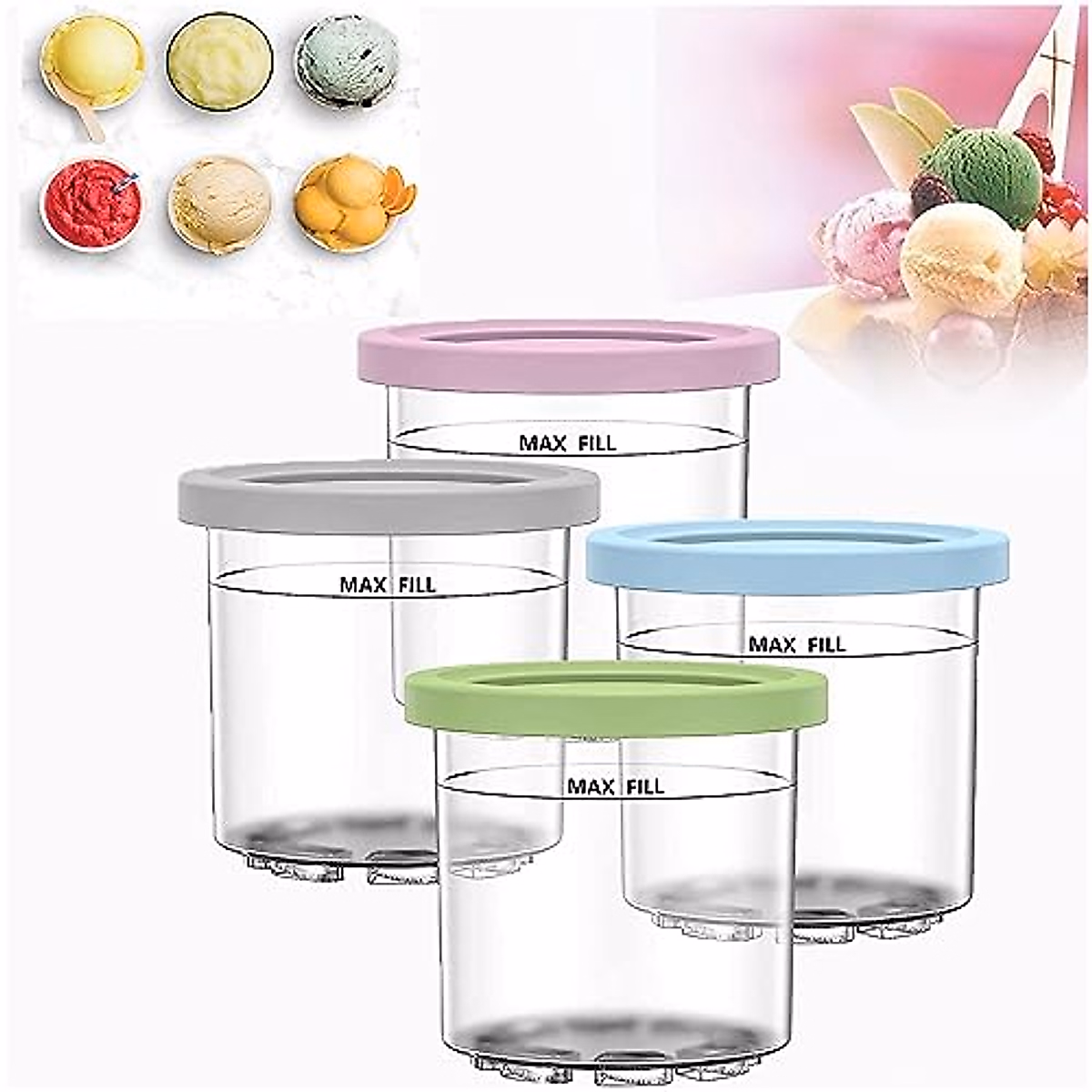 DISXENT Creami Pint Containers, for Ninja Creami Ice Cream Maker,16 OZ Ice Cream Pint Containers Reusable,Leaf-Proof for NC301 NC300 NC299AM Series Ice Cream Maker