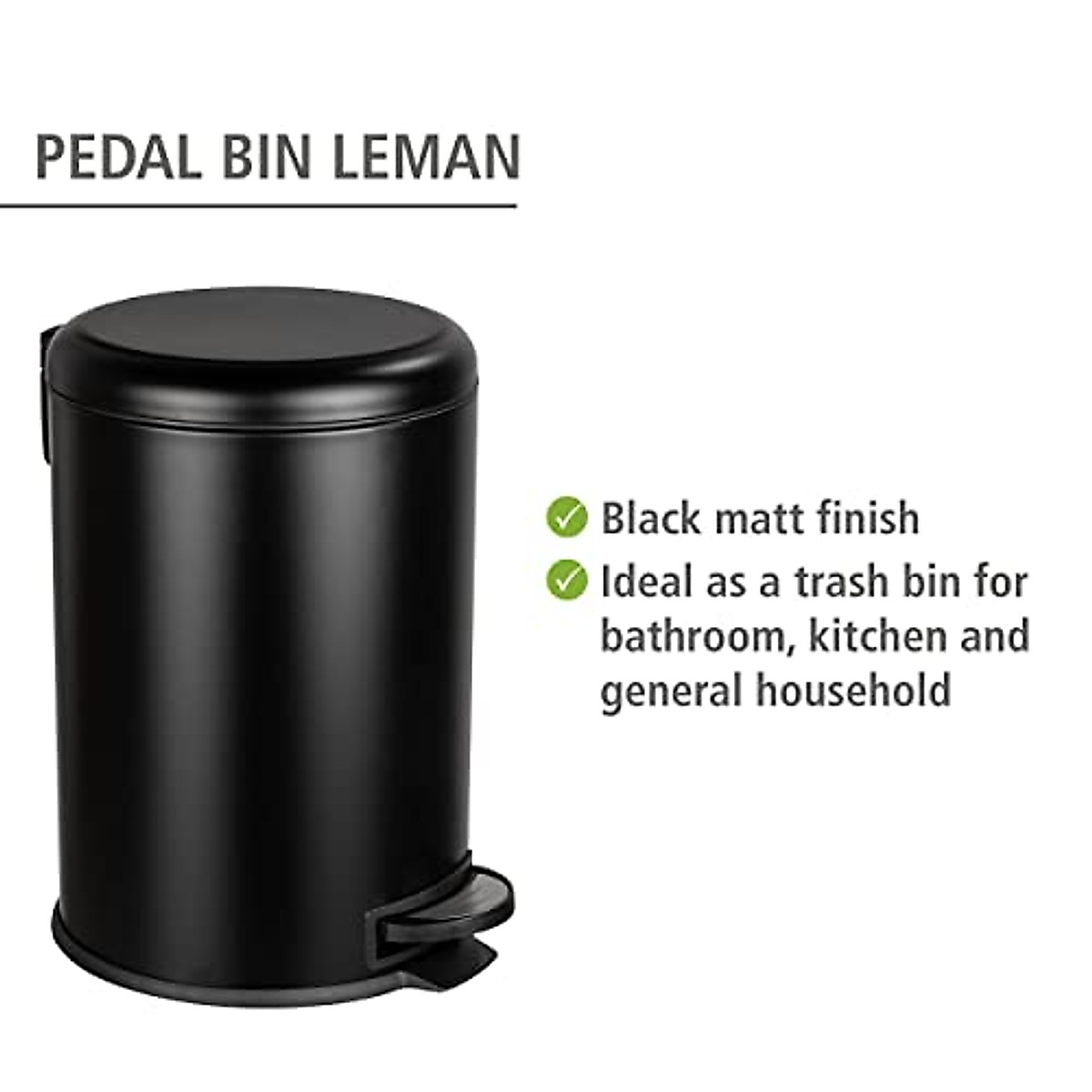 WENKO Black, Trash Can with Lid and Pedal, Garbage Bin for Kitchen with Removable Inner Bucket, Easy Close, Steel, Matt, 5.28 Gal, 12 x 17.32 x 14.76