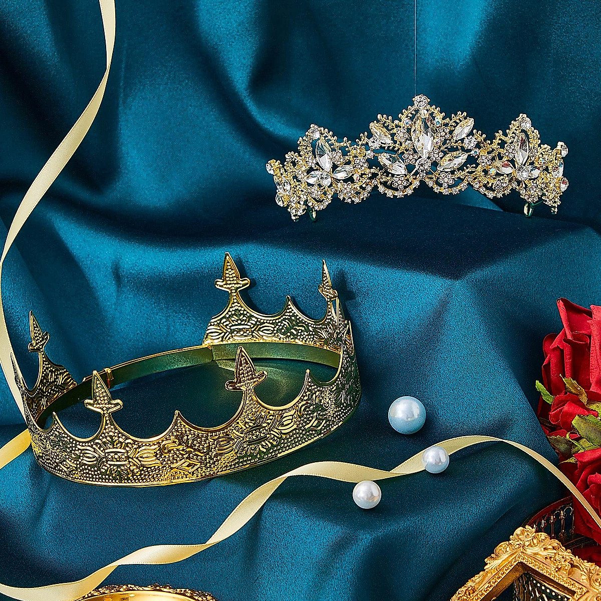 Sureio 2 Pcs Antique Royal King Crown for Men Baroque Queen Crown for Halloween Crystal Tiara Prom Party Headband Accessories(Elegant Style)