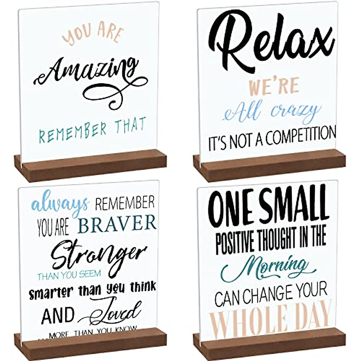 4 Pieces Inspirational Quotes Desk Decor Wood Block Plaque Positive Wooden Table Signs Decorative Wood Table Sign Centerpiece for Women Desk Office Decor Party Table Accessories (Classic Style)