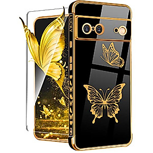 Coralogo for Google Pixel 7 Case Butterfly for Women Girls Girly Pretty Phone Cases Cute Black and Gold Plating Butterflies Design with Screen Aesthetic Cover for Google Pixel 7 5G 2022 6.3"