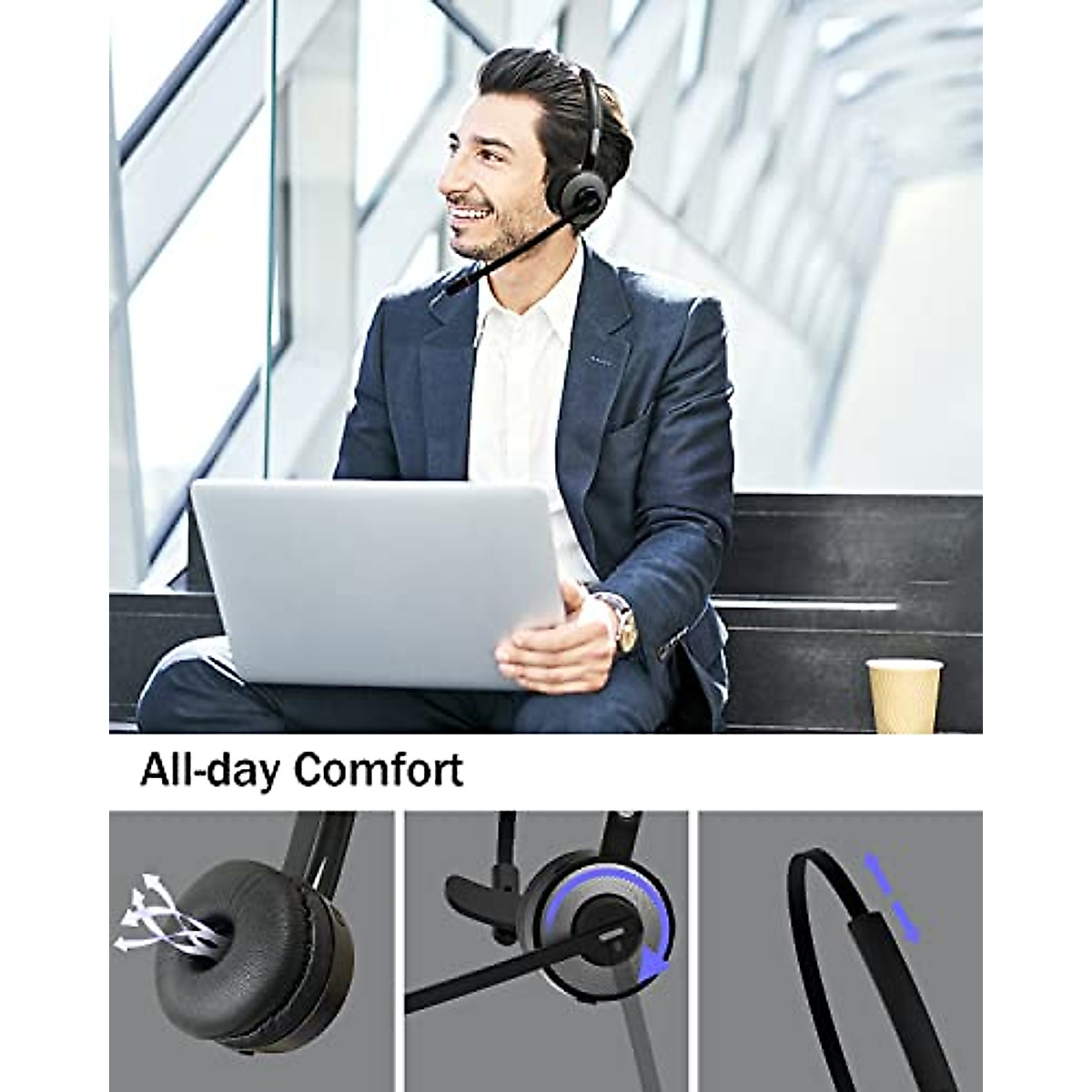 ASIAMENG Bluetooth Headset with USB Dongle/Adapter, Single-Ear Wireless Headset with Noise Cancelling Microphone Mute Key Charging Base/Stand for Computer PC Laptop Cell Phones Trucker Office Home