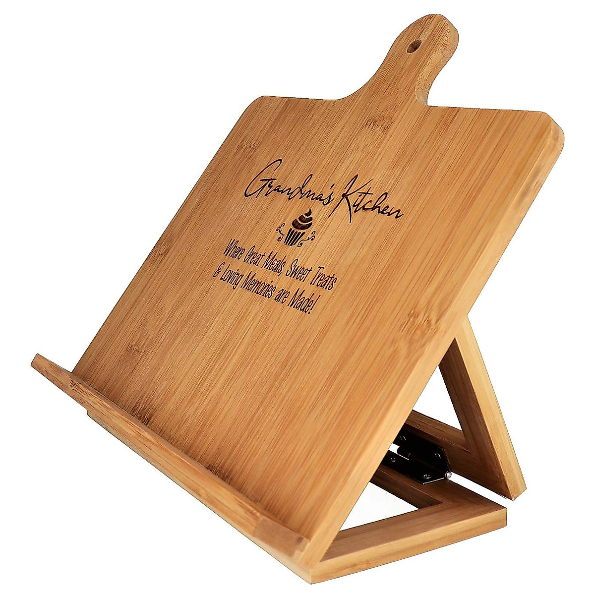 Grandma Recipe Cookbook Holder Stand Gift - Custom Engraved Bamboo Cutting Board Foldable Chef Easel Metal Hinges Kickstand iPad Tablet Compatible Christmas Birthday Kitchen Decor Design (10.25x10.25)