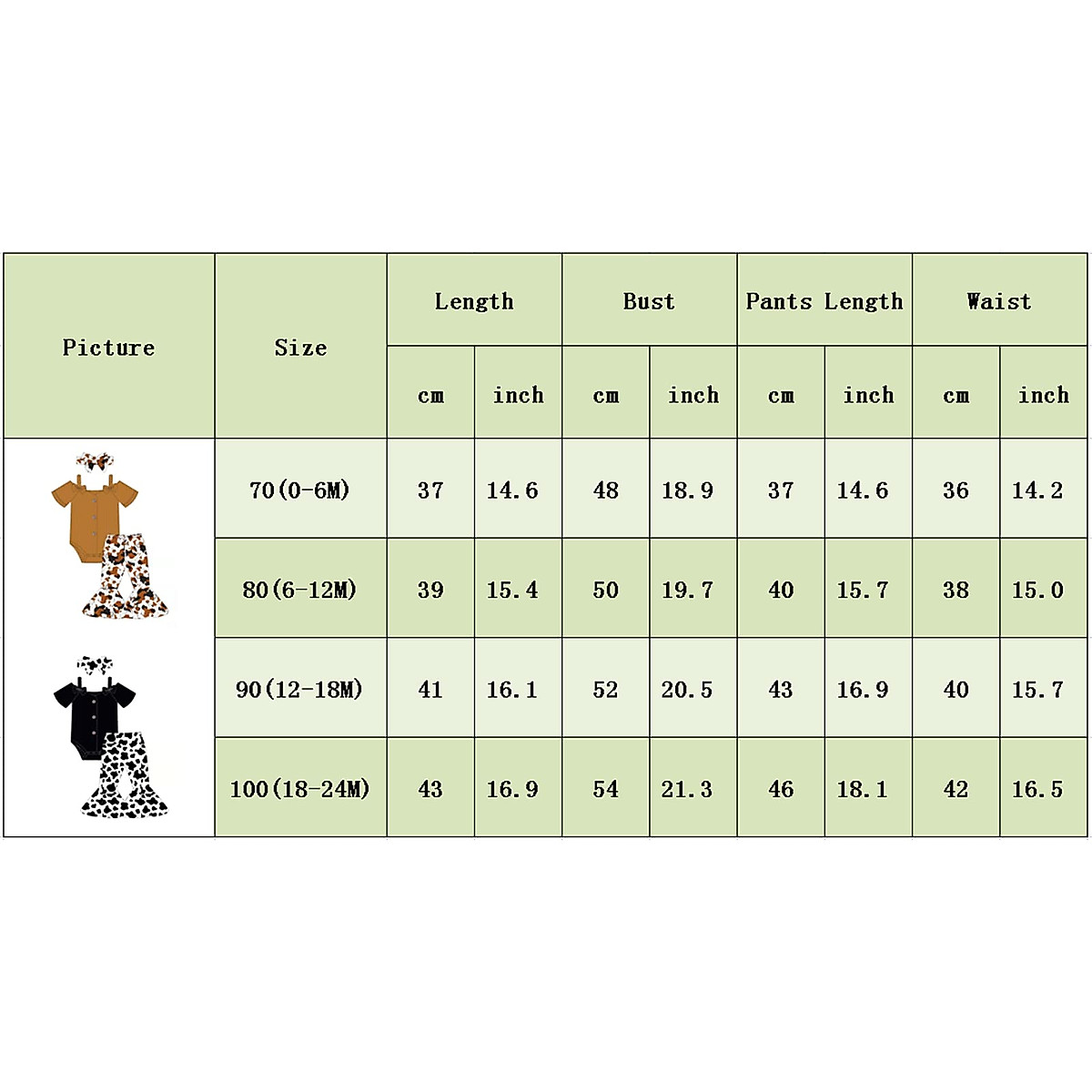 Lefyira Cow Print Bell Bottoms Baby Girl Off Shoulder Short Sleeve Romper Rib Knit Button Bodysuit Flare Pants Headband Outfit (Brown, 0-6 Months)