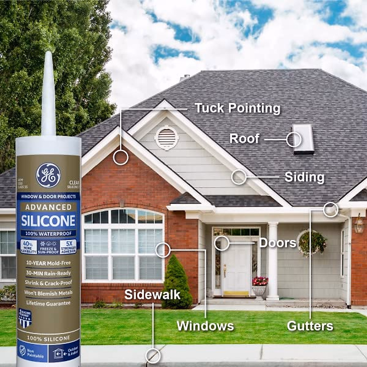 GE Advanced Silicone Caulk for Window & Door - 100% Waterproof Silicone Sealant, 5X Stronger Adhesion, Shrink & Crack Proof - 10 oz Cartridge, White, Pack of 1