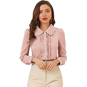 Allegra K Women's Peter Pan Collar Shirt Long Sleeve Elegant Button Down Work Blouse Medium Pink