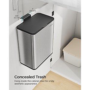 SONGMICS Hanging Trash Can, 2.1-Gallon (8 L) Small Kitchen Garbage Can with Lid, Cabinet Door Hanging or Wall-Mounted with Hooks, for Under Sink, Bathrooms, Metallic Silver ULTB810E08