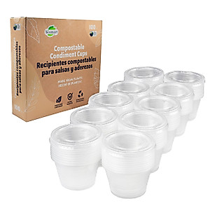 Jacent Compostable Condiment Cups with Lids, 2 oz Sauce Cups, 100 Sets per Pack: Eco-friendly for Salad Dressings, Charcuterie, Snacks and Samples