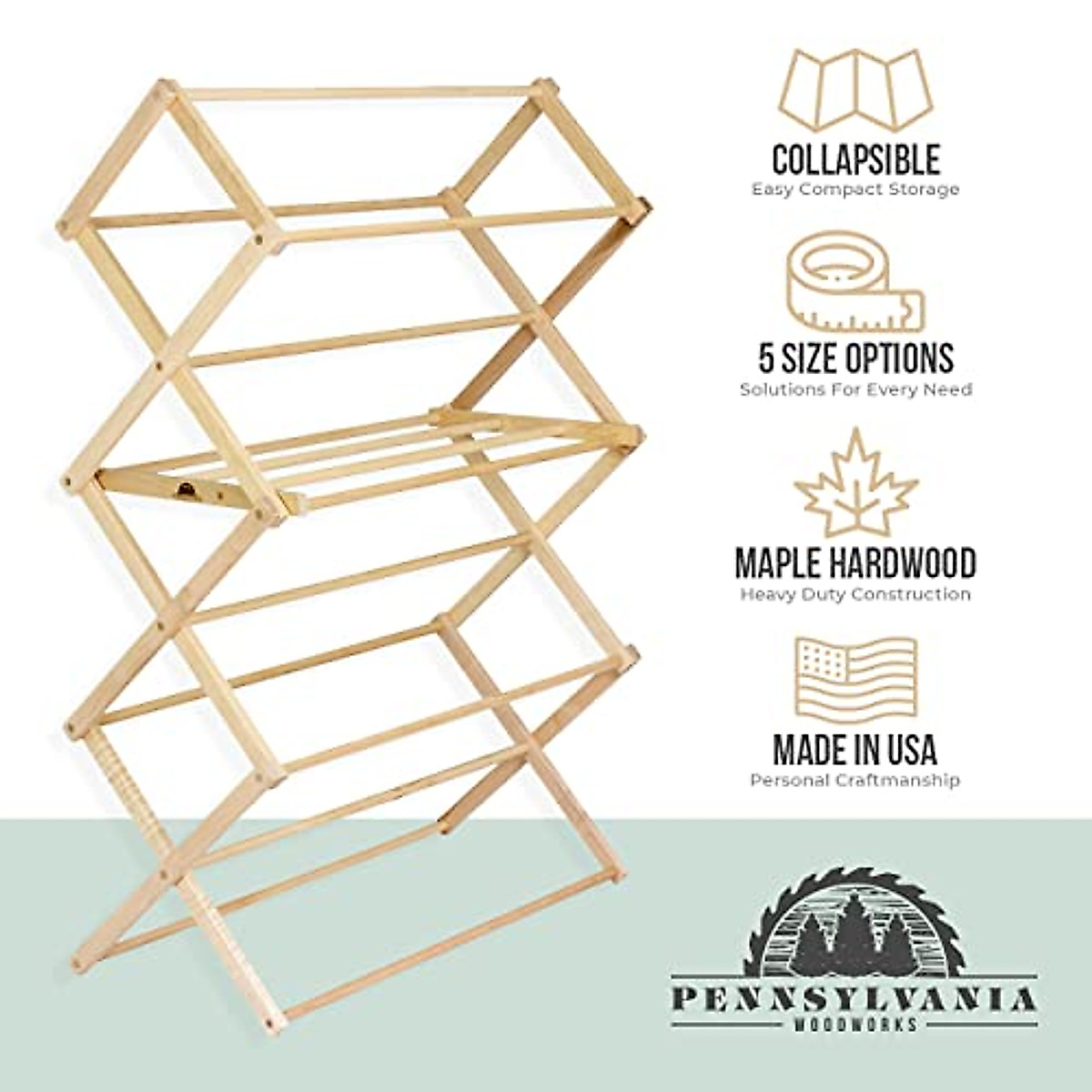 Pennsylvania Woodworks Clothes Drying Rack: Solid Maple Hardwood Laundry Rack for Bedding, Blankets, Towels & More, Heavy Duty, Folding Drying Rack Made in USA, No Assembly Needed, Extra Large