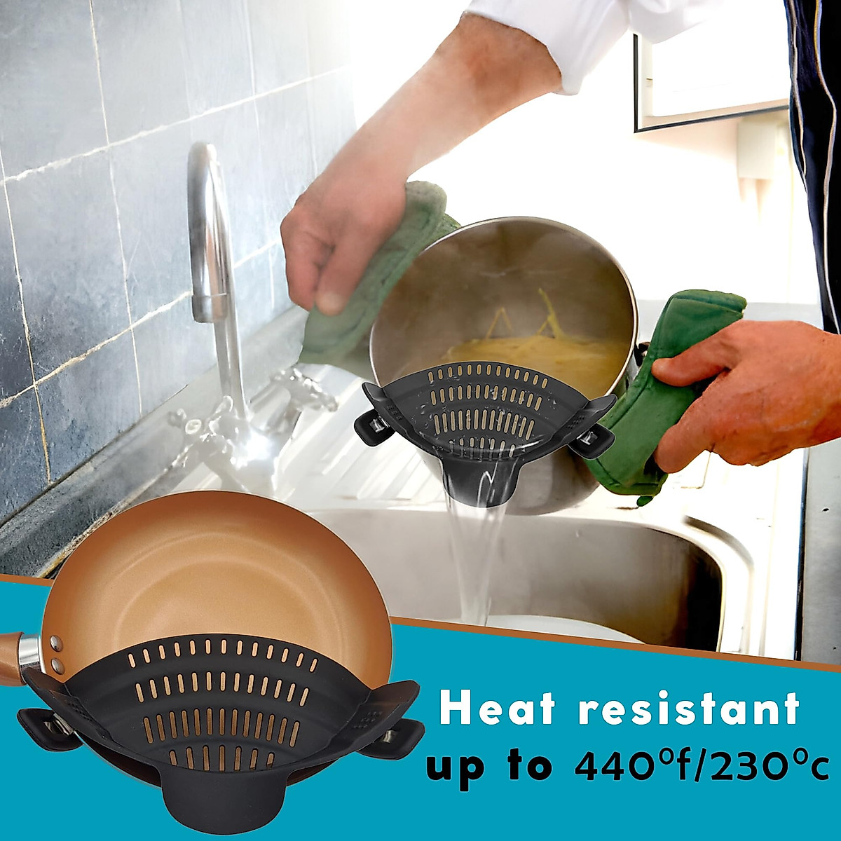 GottaHaveit | Clip On Strainer – Snap On Pot Drainer for Pan and Pots, Essential Home Cooking Tool. Black