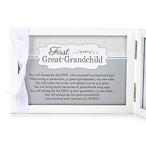 The Grandparent Gift Co. First Great - Grandchild Picture Frame- White Double Hinged Tabletop Photo Frame Holds 4"x6" Pictures or Ultrasounds- Includes Beautiful Sentiment/Poem