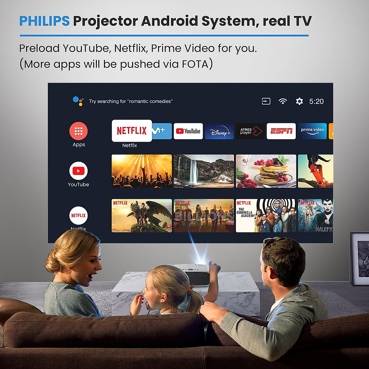 PHILIPS Android TV Projector with Apps and 5G WiFi Bluetooth - Smart Projector Built-in Netflix, YouTube, Outdoor Movie Projector 4D 4P Keystone, Zoom, Compatible w/ iOS/Android/Xbox/PS4/TV Stick/HDMI