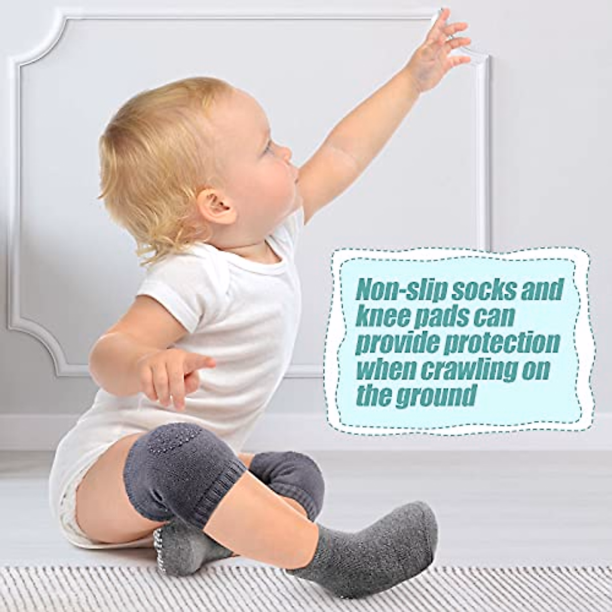 Panitay Handheld Baby Walking Harness Adjustable Toddler Walking Assistant Baby Walker Assistant Belt with 4 Pairs Baby Knee Pads for Crawling 4 Pairs Non Slip Toddler Socks Grips, 7-24 Months Old