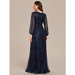 Ever-Pretty Women's Sequin A-Line V Neck Beaded Gown Long Sheer Sleeves Cocktail Evening Gown Navy Blue US10