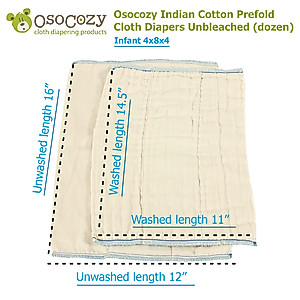 Unbleached Prefold Cloth Diapers by OsoCozy – 100% Cotton, Durable, Soft, Absorbent, Sustainable & Economical - 12"x16", Fits 7-15 Lbs. - (Infant 4x8x4)
