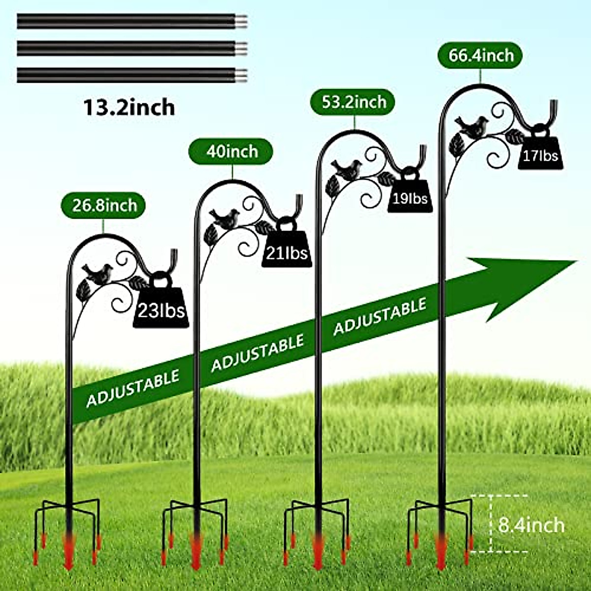 Art Elf Shepherds Hooks for Outdoor Bird Feeder Pole Hanger 67 Inches Plant Hooks with 5 Prongs Base Stainless Metal Adjustable Garden Hanging Holder for Lanterns Weddings Decor Bird Black