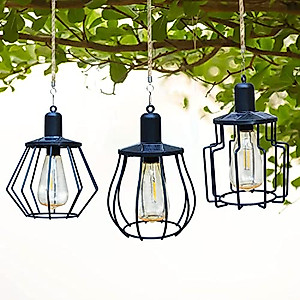 Hanging Solar Lights Outdoor - Hemp Rope Solar Powered Lantern Waterproof Retro Lanterns Lamps with Warm Light Edison Bulb for Patio,Yard,Garden and Pathway Decoration(Semicircle), Warm White