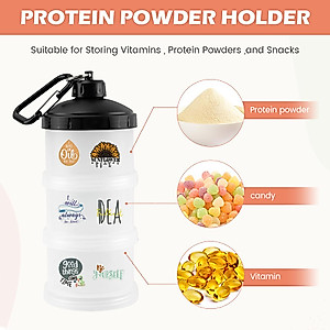 JIANWEI Protein Powder Storage Container, 3 Layer Stackable Leak-proof Formula Dispenser with 50 Inspirational Words Stickers and 1 Keychain, Portable Protein Powder Holder(Black+white)