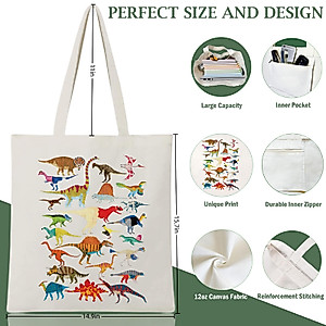 Andeiltech Canvas Aesthetic Tote Bag for Women Cute Dinosaurs Canvas Totes with Zipper Pocket Reusable Grocery Bags for Beach shopping bag