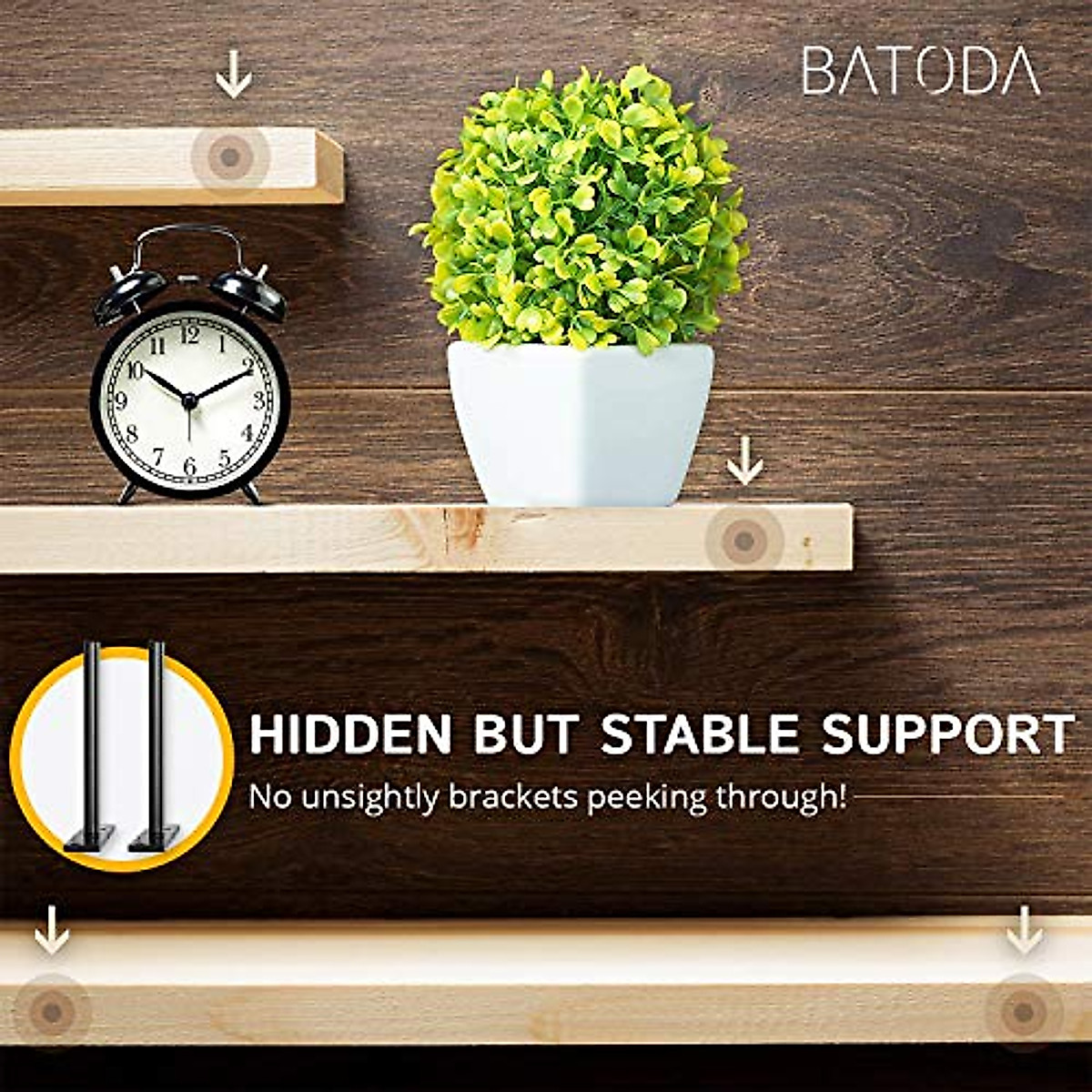 BATODA - 6" Floating Shelf Bracket Heavy Duty – Solid Steel Blind Shelf Supports - Hidden Brackets for Floating Wood Shelves - Screws and Wall Plugs Included (8 Inch Rod, 6)