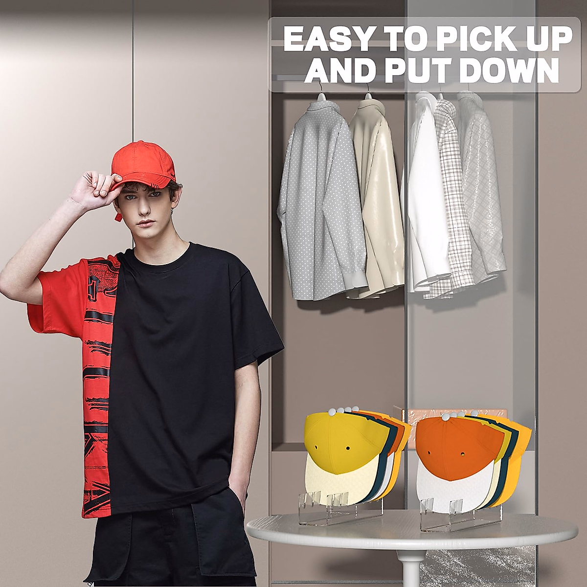 ACTBIO Hat Stand for Baseball Caps, 2 Pcs No Install Acrylic Hat Organizer for 14 Baseball Caps, Hat Holder Hat Storage Hat Display Baseball Cap Rack for Bedroom, Closet, Dresser, Office (Clear)