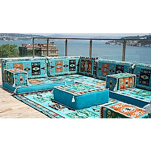 Light Blue Floor Seating Set, Corner Floor Sofa Set, Arabic Majlis, U Shaped Arabic Sofa Set, Sectional Sofas, Floor Cushions, Arabic Jalsa (U Sofa Full Set)