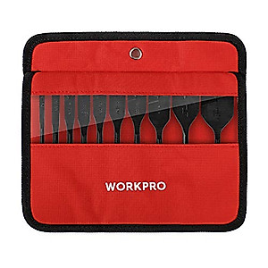 WORKPRO 10-Piece Pro Spade Drill Bit Set- Black Coating, Premium Carbon Steel, Paddle Flat Bits for Woodworking, Assorted Bits 1/4" to 1-1/2" with Storage Case