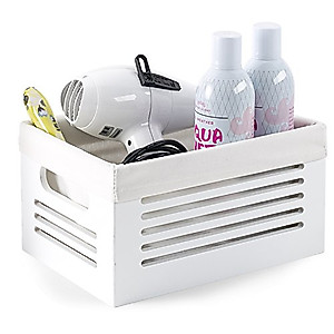 Wooden Storage Bin Container - Decorative Closet, Cabinet and Shelf Basket Organizer Lined with Machine Washable Soft Linen Fabric - White, Small
