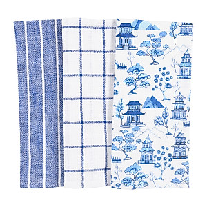 KAF Home Blue Willow Set of 3 Ultra Soft Absorbent Relaxed Casual Slubbed Kitchen Dish Towels, 100-Percent Cotton, 18 x 28-Inch, Pre-Washed, Slubbed Cotton