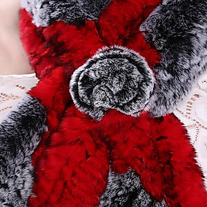 Valpeak Real Fur Scarves Women Winter Fur Neck Warmer Scarf Cold Weather Rabbit Knitted Fuzzy Fluffy (graywithred)