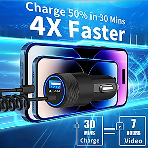 【MFi Certified】iPhone Fast Car Charger, Caiinei 4.8A Dual USB Power Car Charger Fast Charging Cigarette Lighter Adapter+6FT Coiled Lightning Cable for iPhone 14 13 12 11 Pro/XS Max/Mini/XR/X/8/SE/iPad