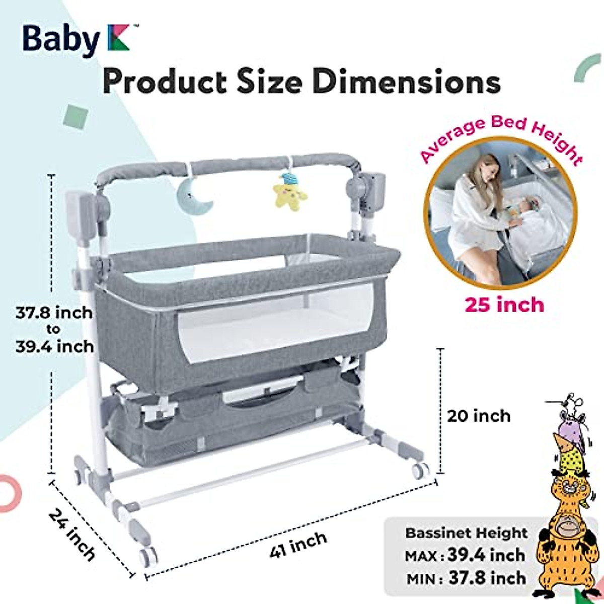 BABY K Electronic Rocking Bedside Bassinet (Grey) - 4 in 1 Automatic Swaying Mesh Baby Bassinet Co Sleeper Crib with 5 Swing Motions, 3 Timer Setting & Bluetooth Music Control for Infant & Toddlers