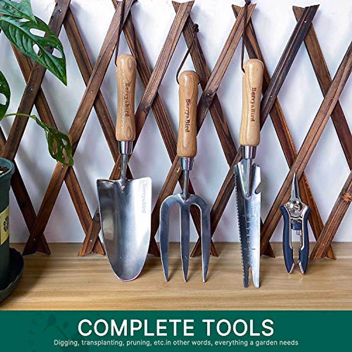 Berry&Bird Garden Tool Set, 4 PCS Stainless Steel Heavy Duty Gardening Tool Kit Includes Hand Trowel, 5 in 1 Shovel, Pruning Shears and Hand Fork with Ash Wood Handle for Weeding Transplanting Digging