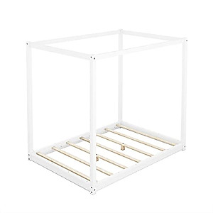 Harper & Bright Designs Full Canopy Bed Wood 4 Poster Panel Beds, Floor Bed Frame Full with Solid Wood Slat Support, Full Size Platform Bed for Kids Teens Adults, No Box Spring Needed, White