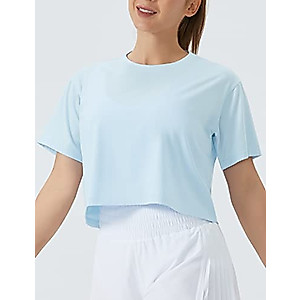 THE GYM PEOPLE Women's Workout Crop Top T-Shirt Short Sleeve Boxy Yoga Running Cropped Basic Tee Light Blue