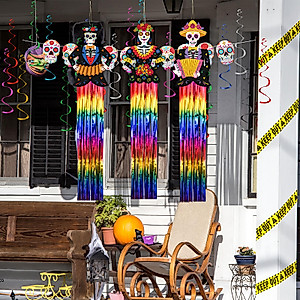 MotiMind 29 Pcs Day of The Dead Decorations Sugar Skull Hanging Swirl Decorations Sugar Skull Banner Sugar Skull Hanging Decor with LED String Lights for Dia De Los Muertos Fiesta Party Supplies