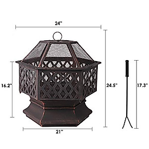 OKIDA Hex-Shaped Fire Pit Iron Brazier Wood Burning Coal Pit Bonfire Firebowl Stove Outdoor Metal Fireplace with Mesh Screen Cover Poker for Patio Backyard Garden Beach Camping Picnic 24in Bronze
