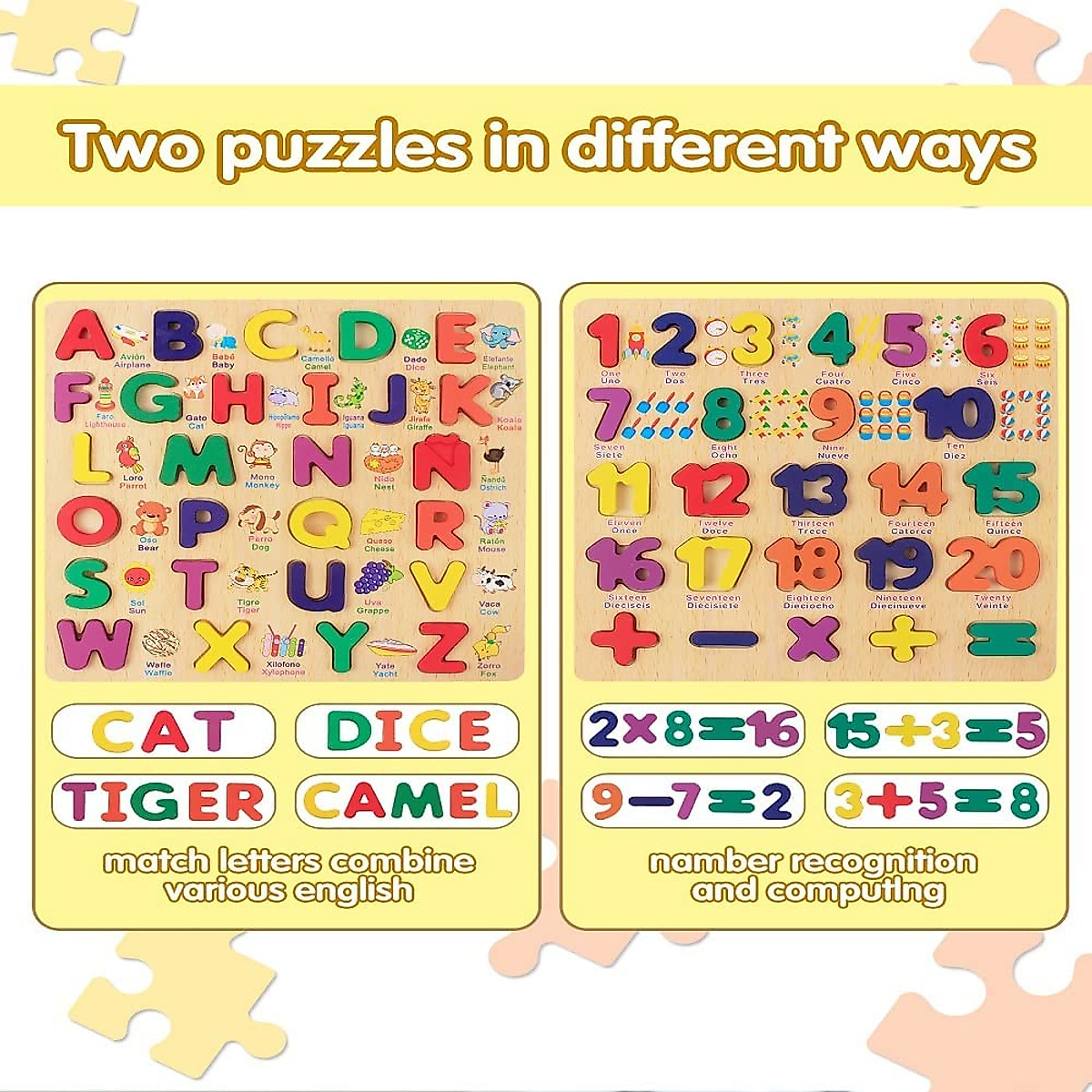 Wooden Puzzles for Toddlers 2 in 1 Wooden Peg Puzzle Set Wooden Alphabet ABC Number Puzzles Board Toddler Preschool Learning Toys for Kids Ages 1-3 Boys Toys Gifts