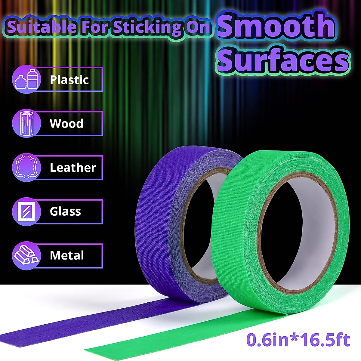 HTVRONT UV Blacklight Reactive Neon Tape, 6 Colors Neon Gaffer Tape, Fluorescent UV Black Light Glow in The Dark Tape for UV Party 0.6inch x 16.5ft x 6 Rolls