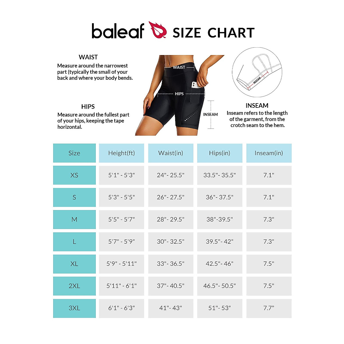 BALEAF Women's Cycling Shorts 4D Padded Bike Shorts Bicycle Biking Gear 7" Biker Shorts with Pockets UPF50+ Black S