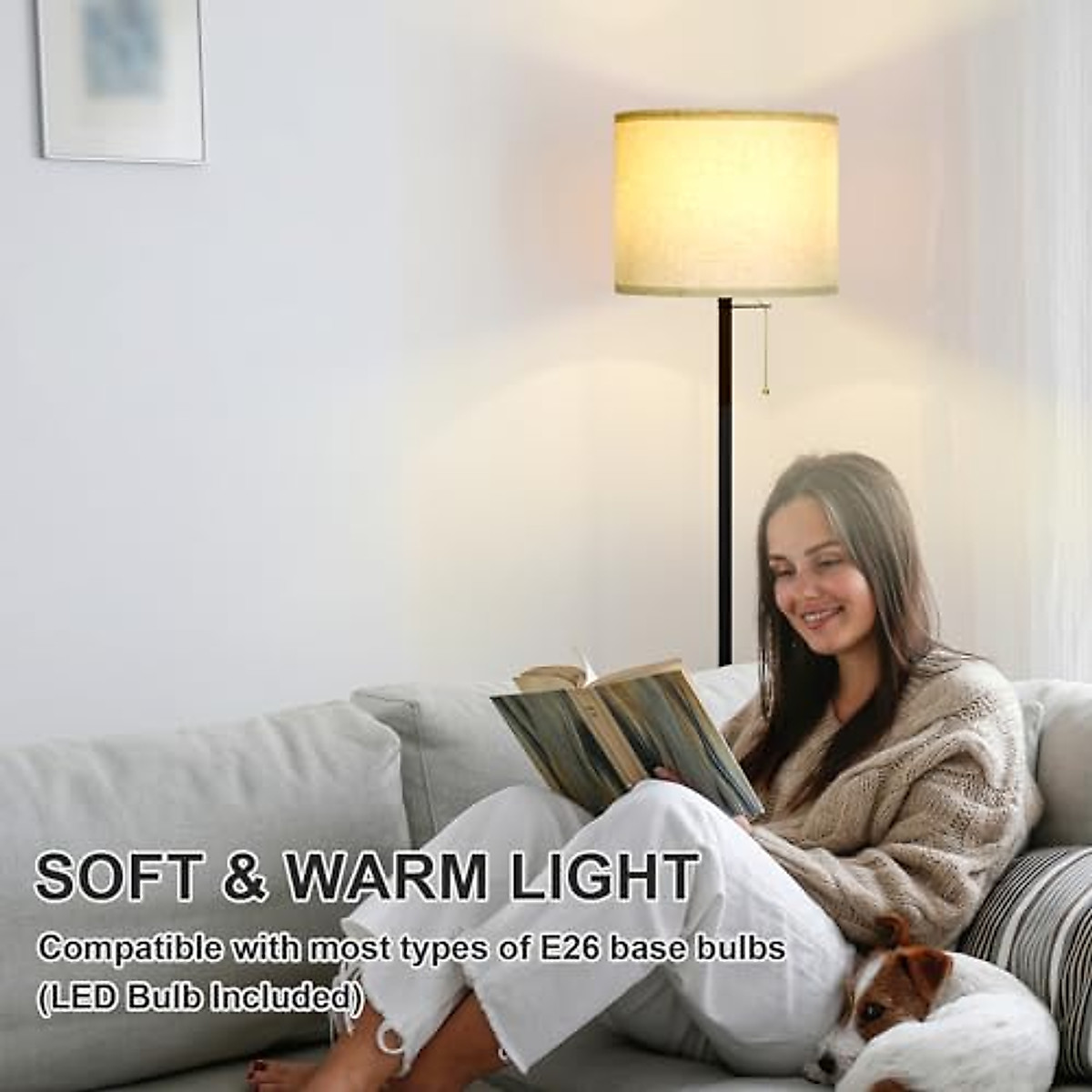 Modern Floor Lamp for Living Room Traditional Farmhouse Floor Lamps Mid-Century Pole Lamp with Linen Lamp Shade, Standing Tall Floor Lamps for Bedrooms and Office (Black+Metal Pole)